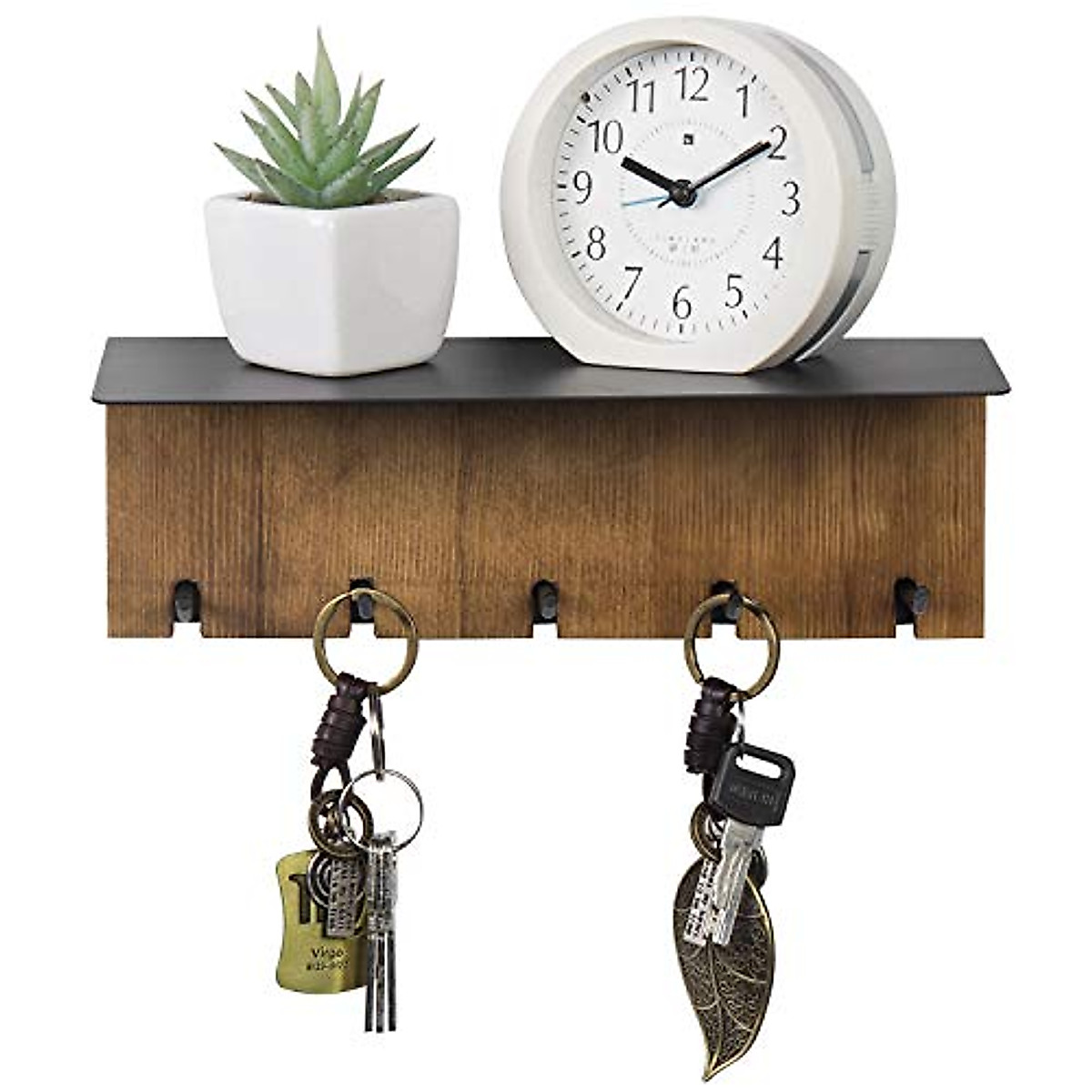 MyGift Entryway Shelf Rack with 5 Key Hooks, Wall-Mounted Burnt Solid Wood and Matte Black Decorative Shelf