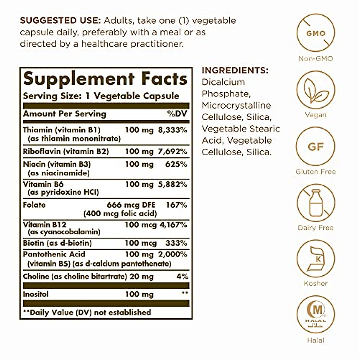 Solgar B-Complex "100" - 100 Vegetable Capsules, Pack of 2 - Energy Metabolism, Cardiovascular Health, Nervous System Support - Non-GMO, Vegan, Gluten Free - 200 Total Servings