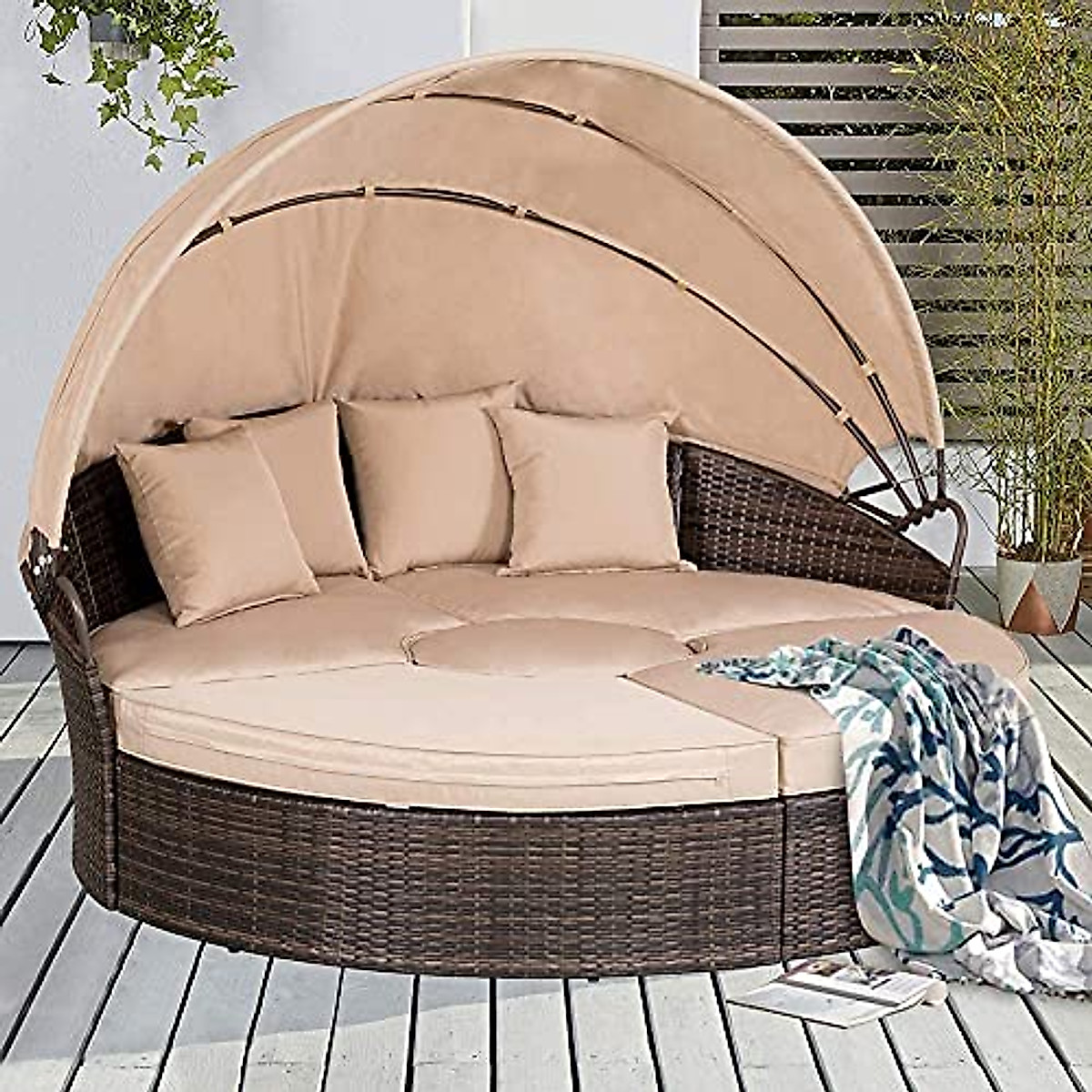 Cemeon Outdoor Round Daybed with Retractable Canopy, Brown Wicker Patio Furniture daybed Sets with Cushions for Patio, Backyard, Poolside