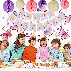 meowtastic Purple Birthday Decorations - Purple Happy Birthday Banner with Honeycomb Ball, Butterflies Hanging Swirl Streamer, Circle Dot Garland Decoration - Birthday Party Decoration for Women Girl