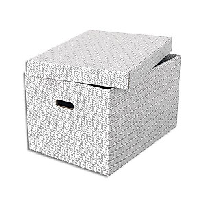 Esselte Large Storage Box With Lid, Pack Of 3, Home/Office Storage & Organisation, 100% Recycled Cardboard, 100% Recyclable, Geometric Design, White, 628286