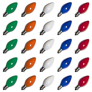 25 Pack C7 LED Multicolor Christmas Replacement Light Bulbs, C7 Vintage Multicolor Ceramic LED Bulbs for Christmas Outdoor Indoor String Lights, E12 Candelabra Base, 0.6 Watt, Saving Enengy LED Bulbs