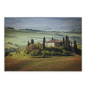 Lunarable Tuscan Cutting Board, Tuscany Seen from Stone Village of Montepulciano Italy in Cloudy Day, Decorative Tempered Glass Cutting and Serving Board, Small Size, Brown Green