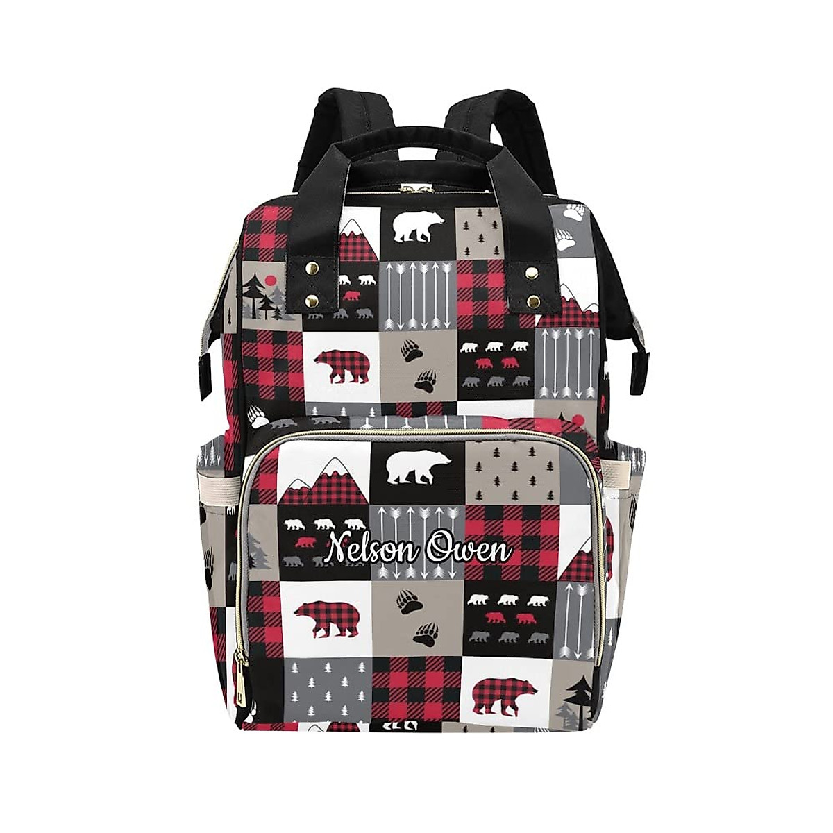 Plaid Bears Mountains Black Personalized Diaper Backpack with Name,Custom Travel DayPack for Nappy Mommy Nursing Baby Bag One Size