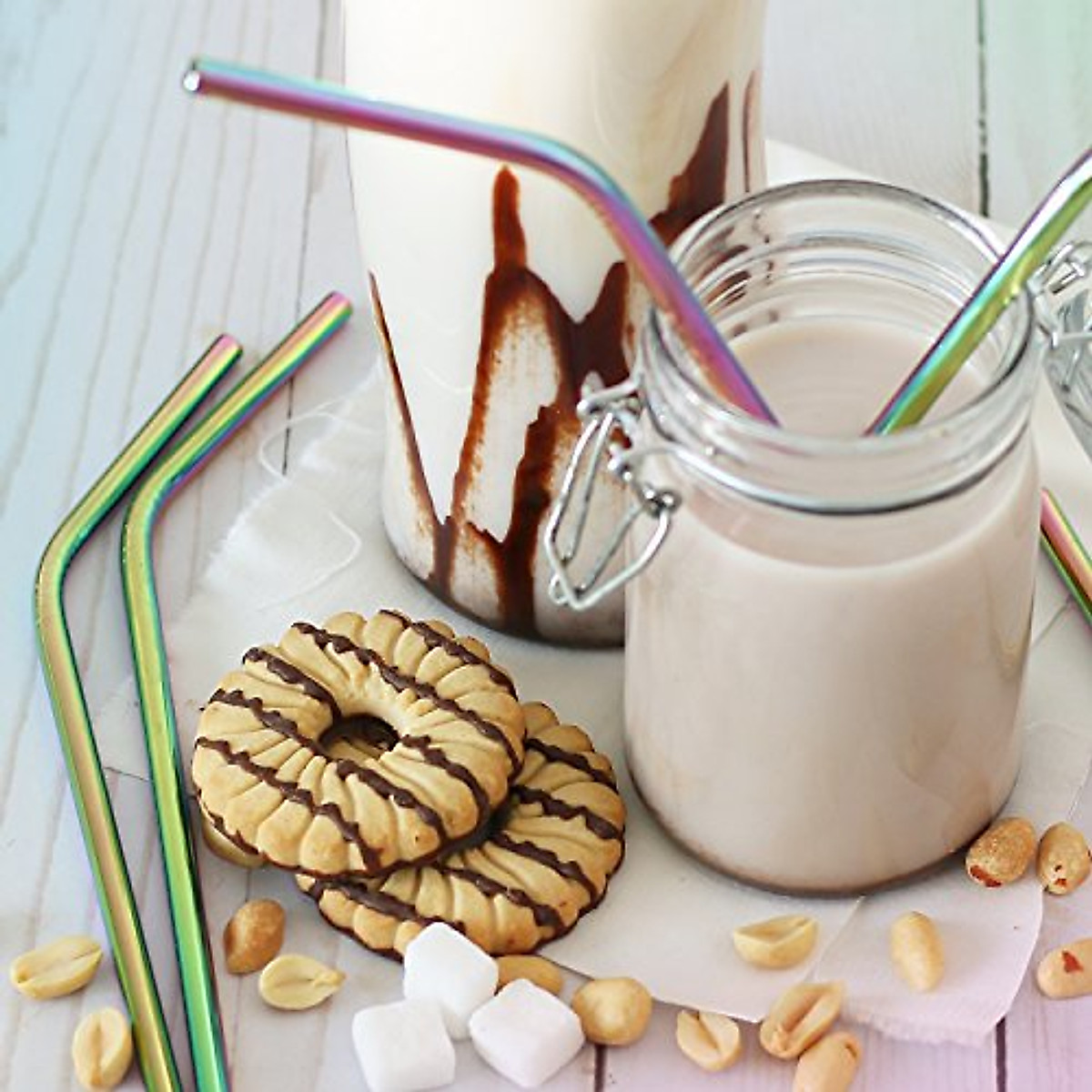 Set of 10 - Stainless Steel Straws, Eco Friendly Metal Straw, Non Disposable Straws, Reusable for Tumbler Yeti or Ozark, With 2 Cleaning Brushes - And Cary Bag, Rainbow