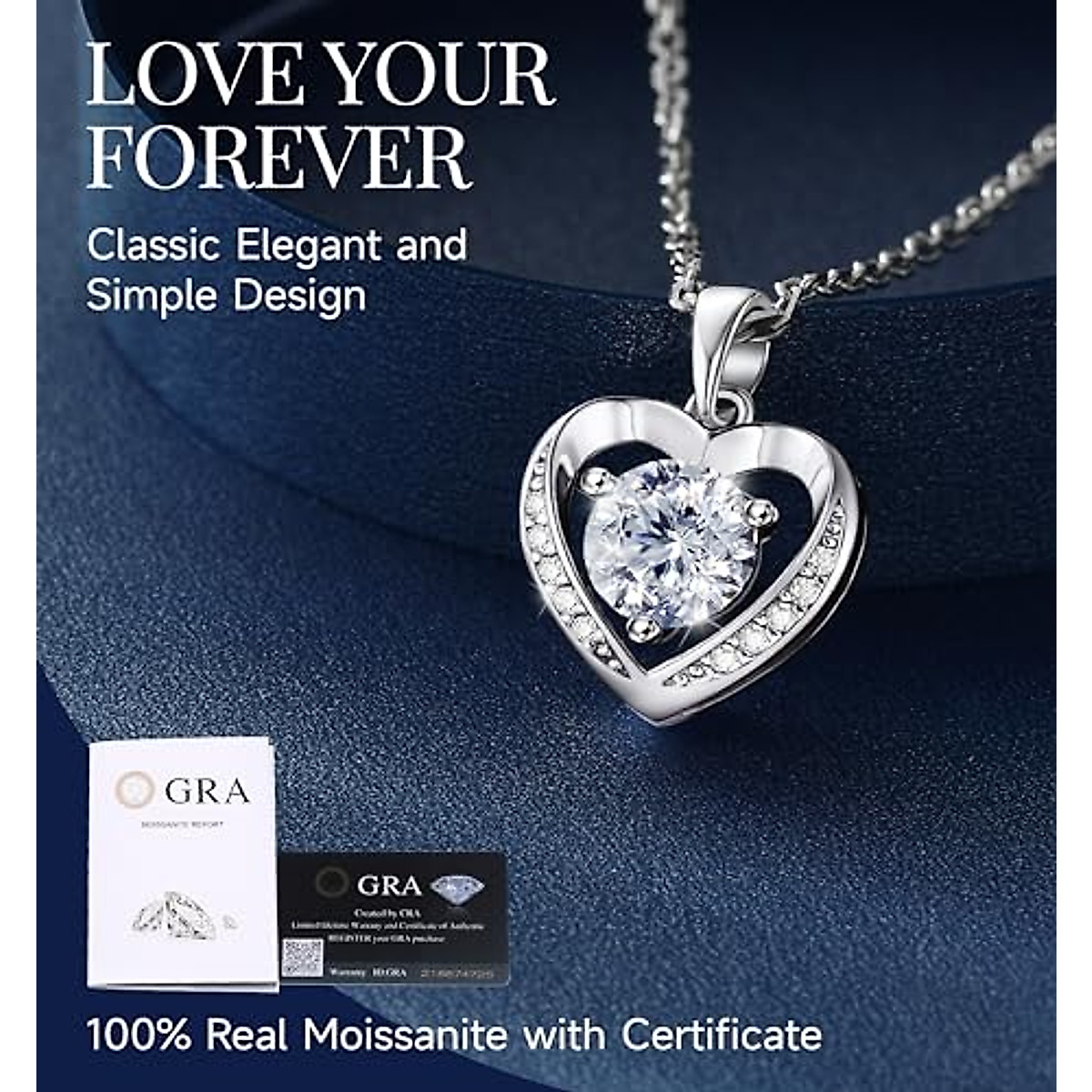 MomentWish Heart Necklace, Birthday Gifts for Women, 1Carat Moissanite Necklace, 925 Sterling Silver Diamond Heart Necklace Jewelry Gift for Wife Mom on Valentine's Day Christmas Anniversary