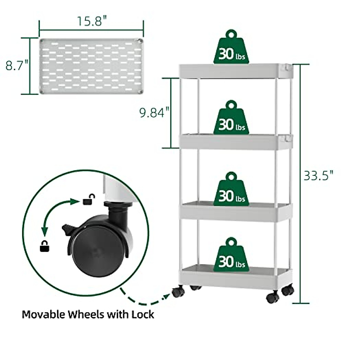 OTK Storage Cart 4 Tier Mobile Shelving Unit Organizer, Utility Rolling Shelf Cart with Wheels for Bathroom Kitchen Bedroom Office Laundry Narrow Places, White