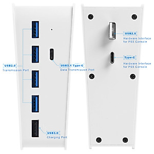 6 Port USB Hub for PS5, USB High-Speed Expansion Hub Charger Splitter Compatible with PlayStation 5 (Original Model), Extender Adapter 4 USB + 1 USB Charging Port + 1 Type C Port