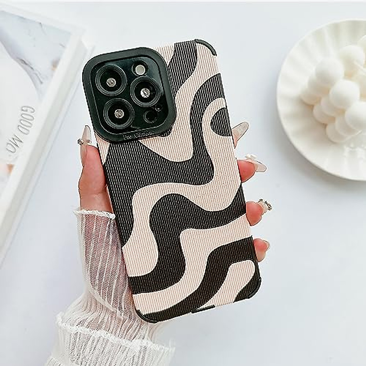 INJPCUCA Designed for iPhone 13 Pro Max Case, Cute Wave Pattern Design Black Protective Case for Women Girls PU Leather Silicone Slim Shockproof Cover for iPhone 13 Pro Max 6.7", Beige Pink