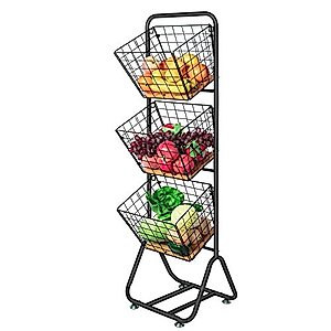 X-cosrack 3-Tier-fruit-Wire-Market-Basket-Stand Kitchen Snack Vegetable Metal baskets Storage Tiered Wire Basket Organizer Free-Standing for Fruit Vegetable Storage Pantry Bathroom (Bamboo)