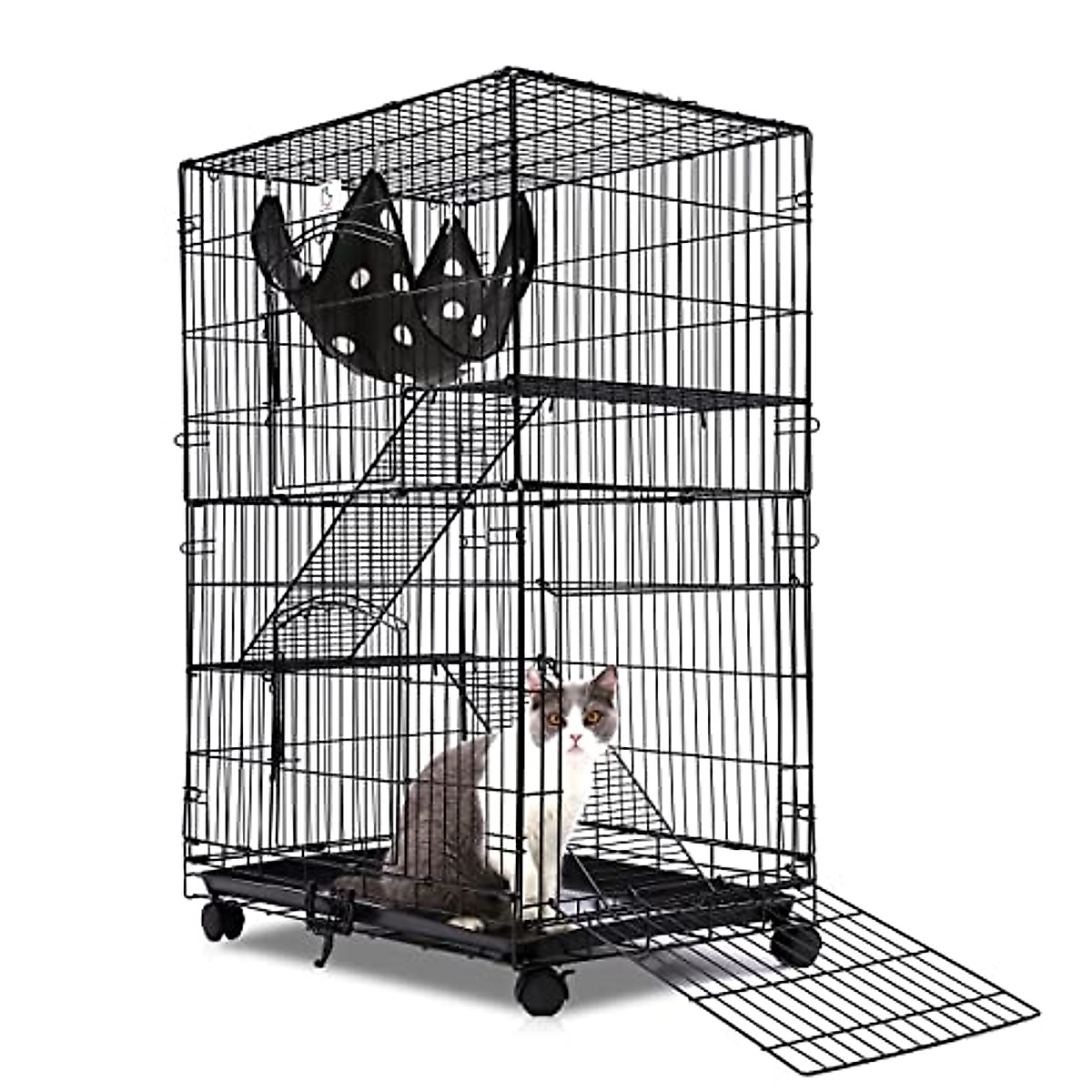 Homey PET INC Folding Wire Cat Ferret Habitat Crate with Casters,Tray and Hammock