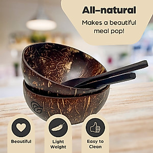 purpleclay Coconut Bowls and Wooden Spoons Set of 2 – Natural, Hand-Crafted, Vegan-Friendly, Salad, Smoothie or Buddha Bowl and Kitchen Utensils (2 Polished Bowls & Spoons)