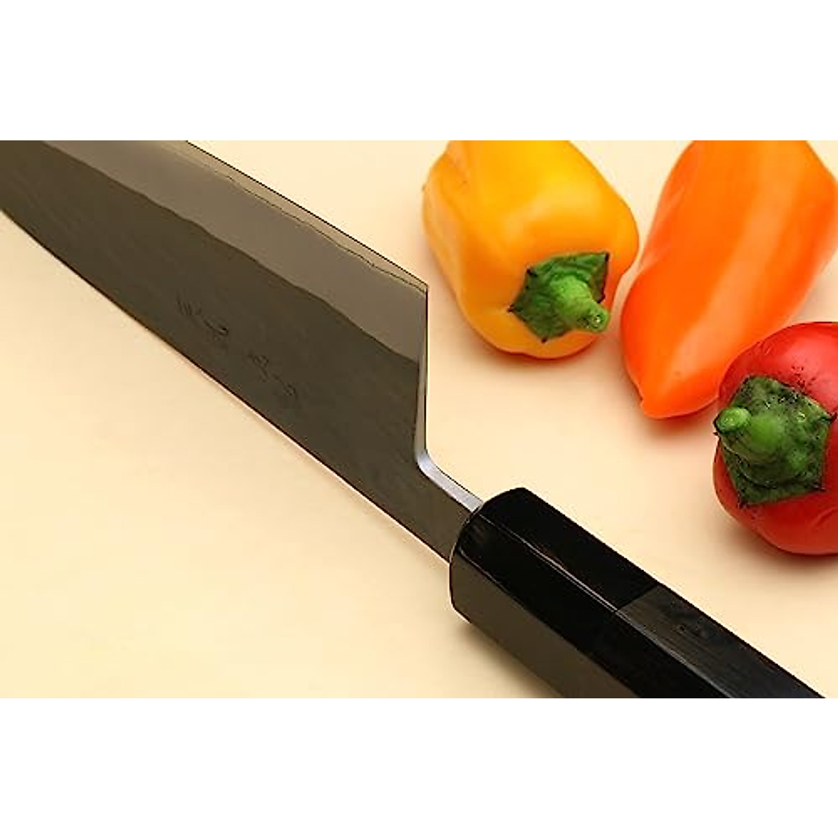 Yoshihiro Kurouchi Black-Forged Blue Steel Stainless Clad Santoku Multipurpose Knife Ebony Handle (6.5'' (165mm) & Saya)