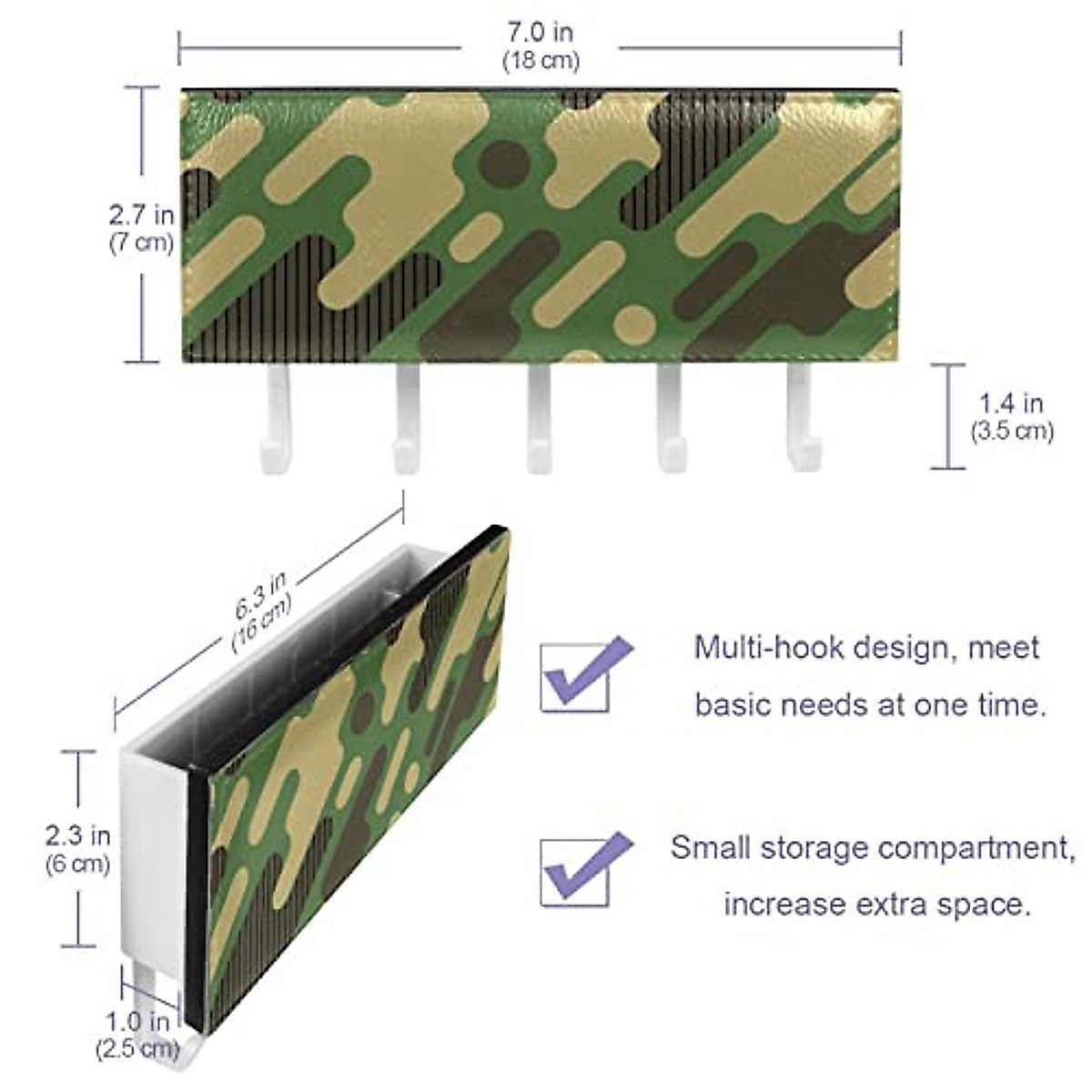 Camouflage Mail Holder Organizer and Key Hooks PU Front, Self Adhesive Key Rack with 5 Hooks Perfect for Entryway, Hallway，Bathroom ，Kitchen
