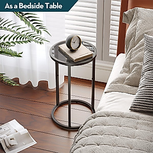 SAYGOER Small Side Table Round Glass End Table for Small Spaces Narrow Couch Night Stand Modern Bedside Table with Black Metal Frame for Bedroom Living Room, Easy Assembly