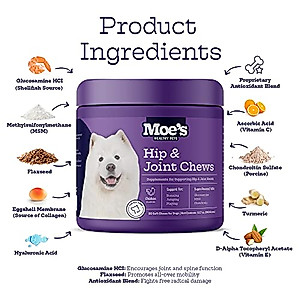 Moe's Glucosamine Dog Joint Supplement + Glucosamine, Chondroitin, Hyaluronic Acid, Vitamin C, E – Bone Health - Joint Pain Relief - Advanced Hip & Joint Care - 90 Chews - Made in USA – All Breeds