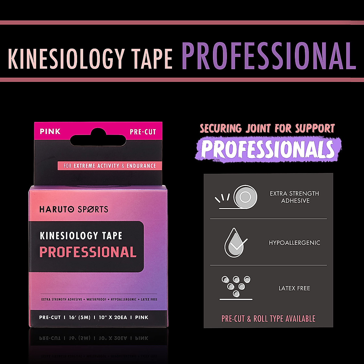 HARUTO Kinesiology Sports Tape, for Pain Relief Strong Support, Therapeutic Tape Physio for Athletic Sports Recovery, 20 Precut 10¢®¡¾ Strips (Sensitive Black for Novice)