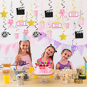 K KUMEED Movie Night Party Decorations,Pink Movie Theme Hanging Swirl Decorations,Cute Popcorn Foil Swirls Ceiling for Baby Shower Birthday Party Film Party Supplies Family Party Girls Boys