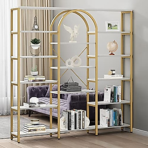 Gyfimoie Triple Wide Gold Bookshelf, 70.87" W x 71.34" H Large Modern Etagere Bookcase, Tall Display Shelf with 13-Tier Open Shelves, Freestanding Staggered Storage Shelf for Home Office (White/Gold)