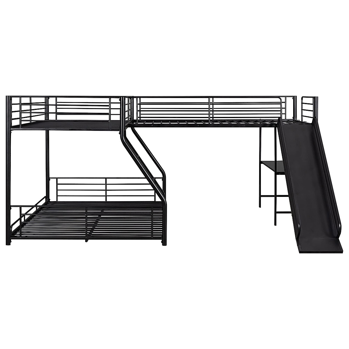 P PURLOVE Triple Bunk Bed for Kids,L-Shaped Metal Corner 3 Bunk Bed with Slide,Twin Over Full Bunk Bed with Twin Loft Bed with Desk for Kids,Teens,Junior Triple Metal Bunk Bed,Black