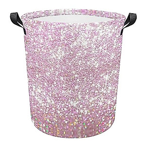 Pink Shiny Glitter printing Laundry Baskets Collapsible Waterproof Laundry Hamper with Handles Round Toy Storage for Dirty Clothes,Kids Toys,Bedroom,Bathroom