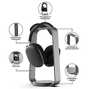 HumanCentric Headphone Stand Headset Holder in Space Gray, Weighted Aluminum Headphone Holder, Desk Headphone Hanger Displays and Holds Headsets, Works with Most Headphone Brands and Sizes