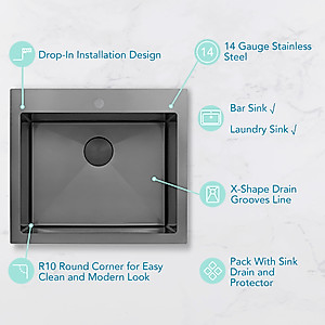 Zeesink Black Kitchen Sink 25" X 22",Single Bowl Kitchen Sink,Drop In Utility Sink,Top Mount Bar Sink,Stainless Steel Kitchen Sink