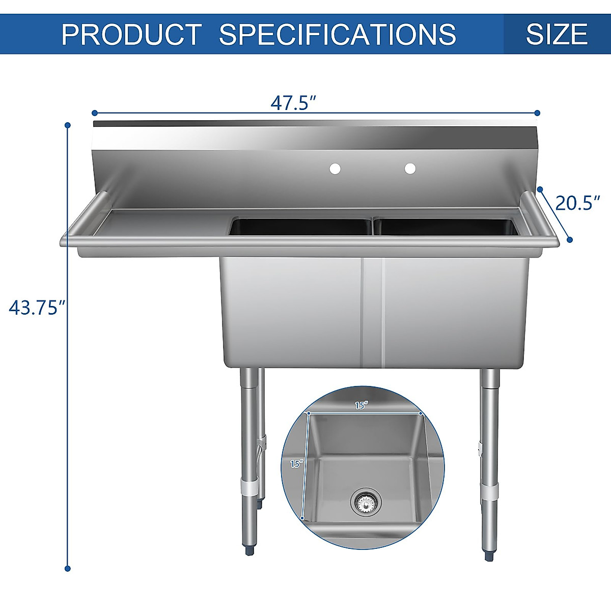 HARDURA Stainless Steel 2 Compartment Sink Left Drainboard & Freestanding NSF Certified Commercial Utility Basin With Two 15" L X 15" W X 12" D Bowl For Kitchen & Restaurant Laundry Room, Garage