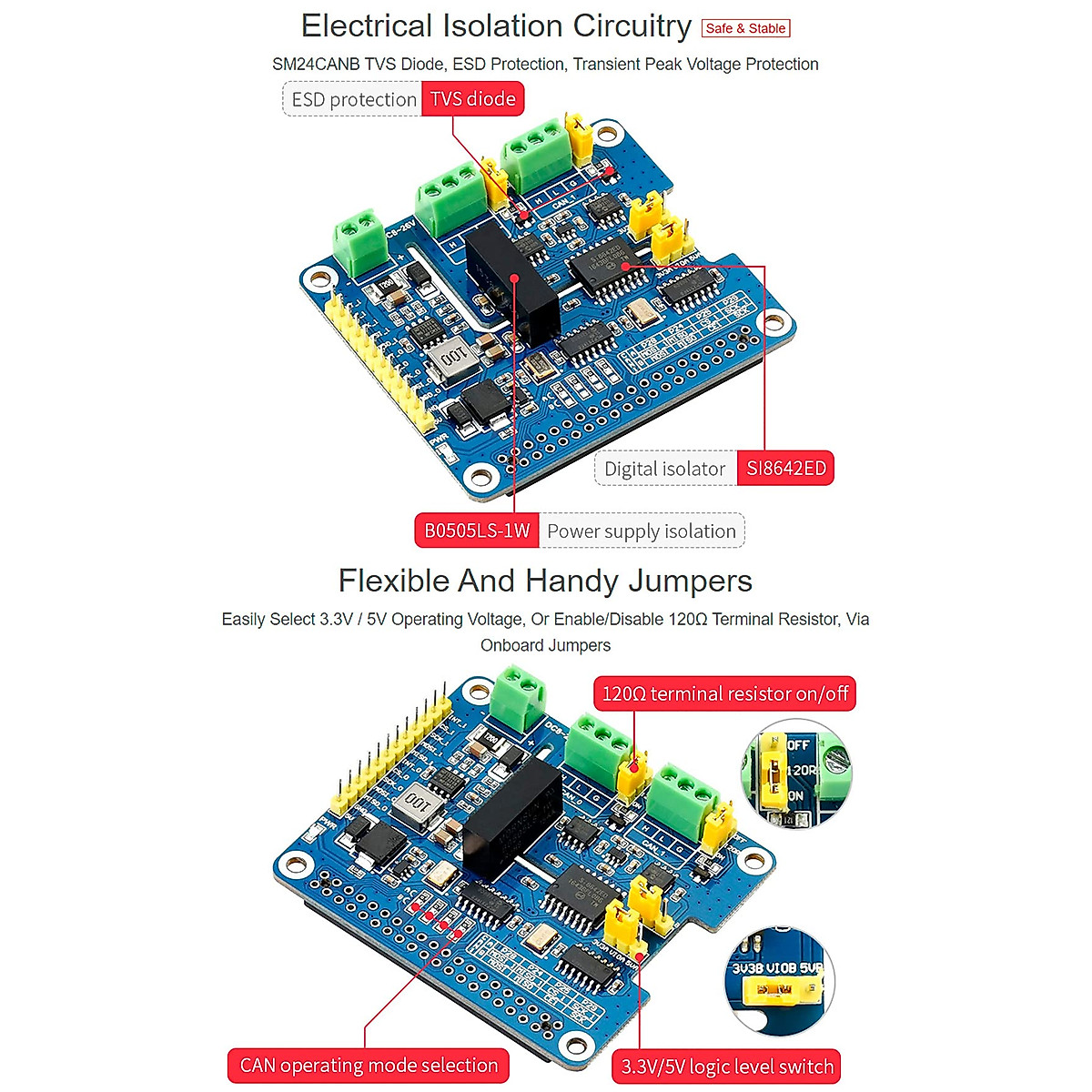 2-Channel Isolated CAN FD Expansion HAT for All Raspberry Pi, Support CAN2.0 and CAN FD Protocols,with MCP2518FD CAN Controller + MCP2562FD CAN Transceiver Onboard Multi Protection Circuits