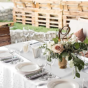 MASHAN 16Pack Disposable Plastic Tablecloths and Satin Table Runner Set White and Silver Dot Tablecloth Silver Satin Table Runner for Wedding Birthday Baby Shower Christmas New Year Party Decorations