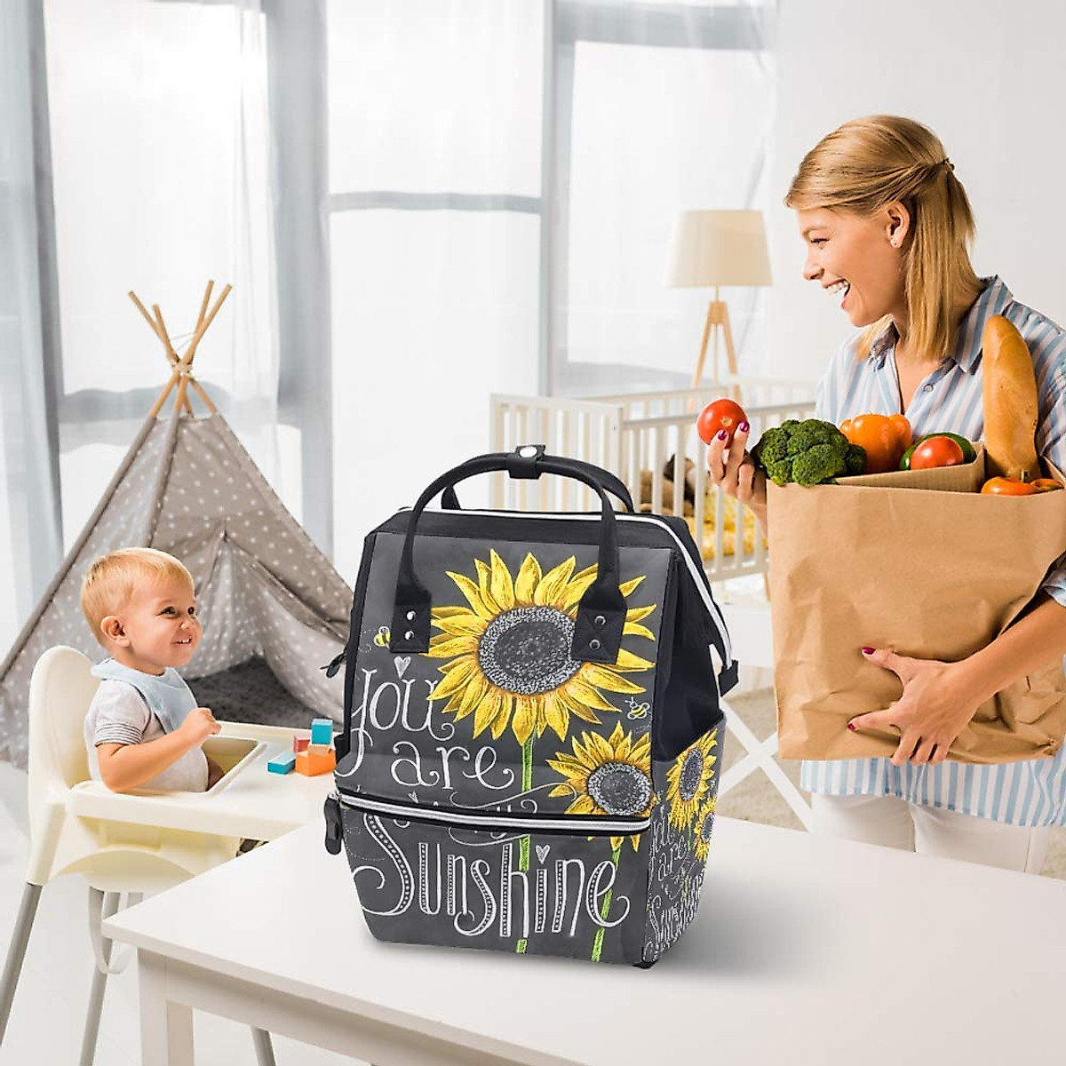 LORVIES Sunflowers You are My Sunshine Diaper Bag Backpack, Large Capacity Muti-Function Travel Backpack