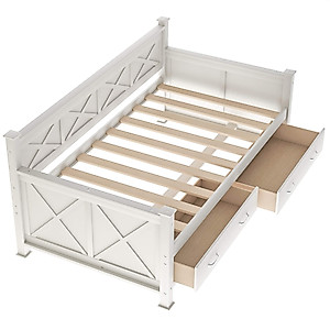 Harper & Bright Designs Twin Size Daybed with 2 Storage Drawers, Wood Twin Sofa Bed X-Shaped Frame, Modern Daybed Frame with Slat Support, Twin Size Bed for Bedroom Living Room (Twin, Cream White)