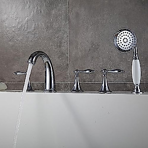 WuDLi Bath Mixer Tap 5 Hole Deck Mount Bath Shower Tap, Bathtub Mixer Tap with Pull Out Handheld Shower