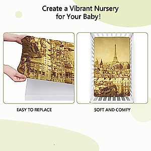 Eiffel Tower Themed Fitted Mini Crib Sheets,Portable Mini Crib Sheets Soft Toddler Mattress Sheet Fitted - Great for Boy or Girl Room or Nursery,24“ x38“,Brown