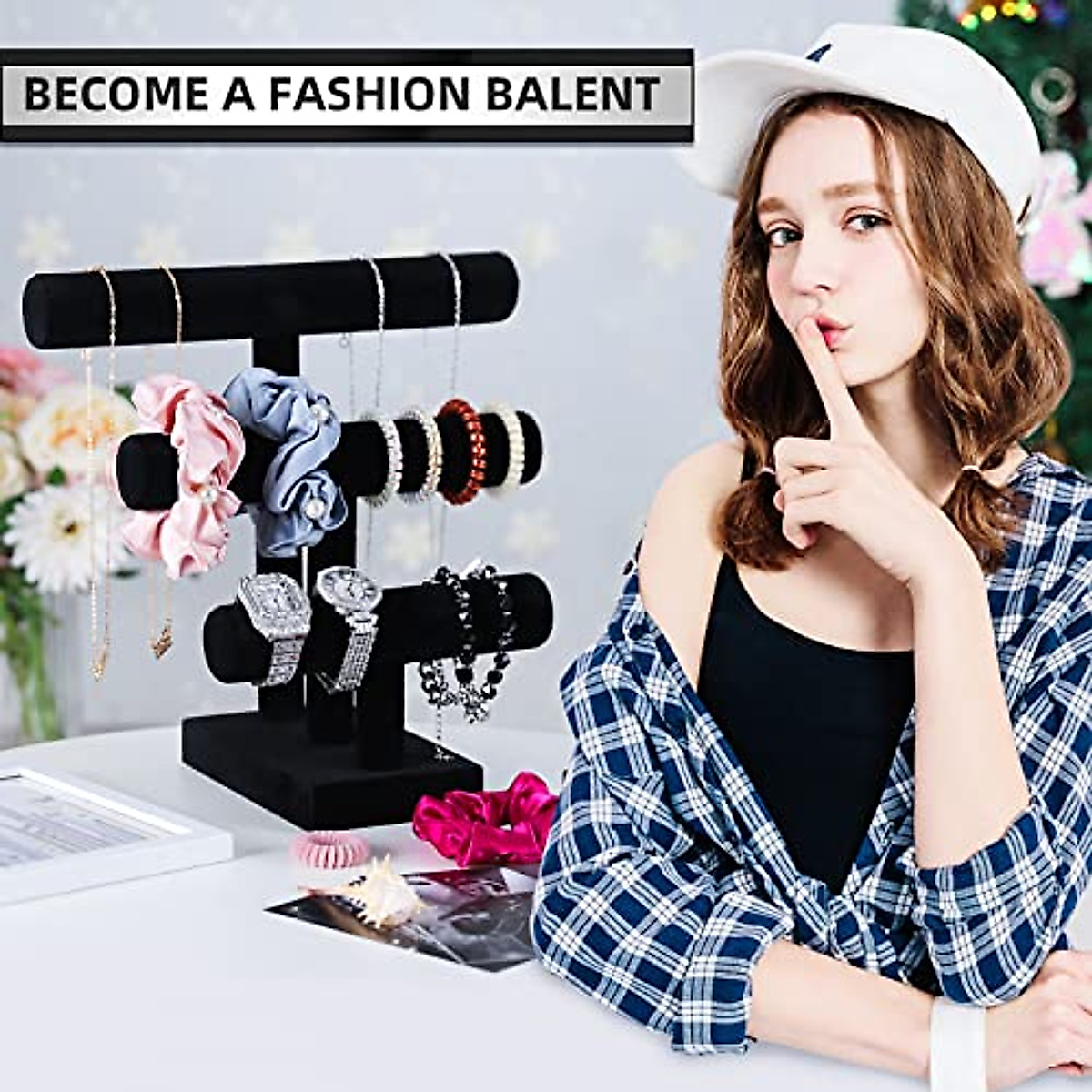 ByKen Jewelry Detachable T Bar Bracelet Display Stand,Bracelet Organizer,Bracelet Holder,Jewelry Display Stand, Long Necklace Bangle Scrunchie Watch Organizer (3 tier, Black