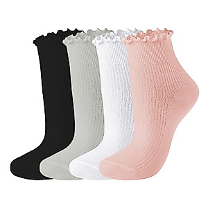 UTTPLL Womens-Ruffle-Turn-Cuff-Casual-Lettuce Socks Lovely Double Needle Ankle Boot Socks Athletic Soft Cotton Warm Cute Crew Frilly Sock Black,White,Grey,Pink
