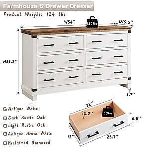 Farmhouse 6 Drawers Dresser for Bedroom, Wood Large Chest of Drawers with Thick Plank Styling, Rustic Closet Dresser for Bedroom or Living Room, Antique White Color
