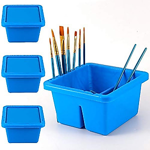 ZOENHOU 4 PCS 12 Hole Square Multifunction Paint Brush Basin Cleaner, Plastic Twin Compartment Artist Brush Washer with Brush Holder and Lid for Cleaning Acrylic Watercolor Oil Painting