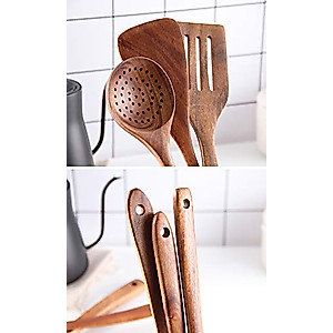 Wooden Spoons for Cooking, Tmkit Cooking Utensils Set of 6 Natural Teak Wooden Cooking Spatulas with Utensils Holder Comfort Grip Wooden Kitchen Utensils for Nonstick Cookware