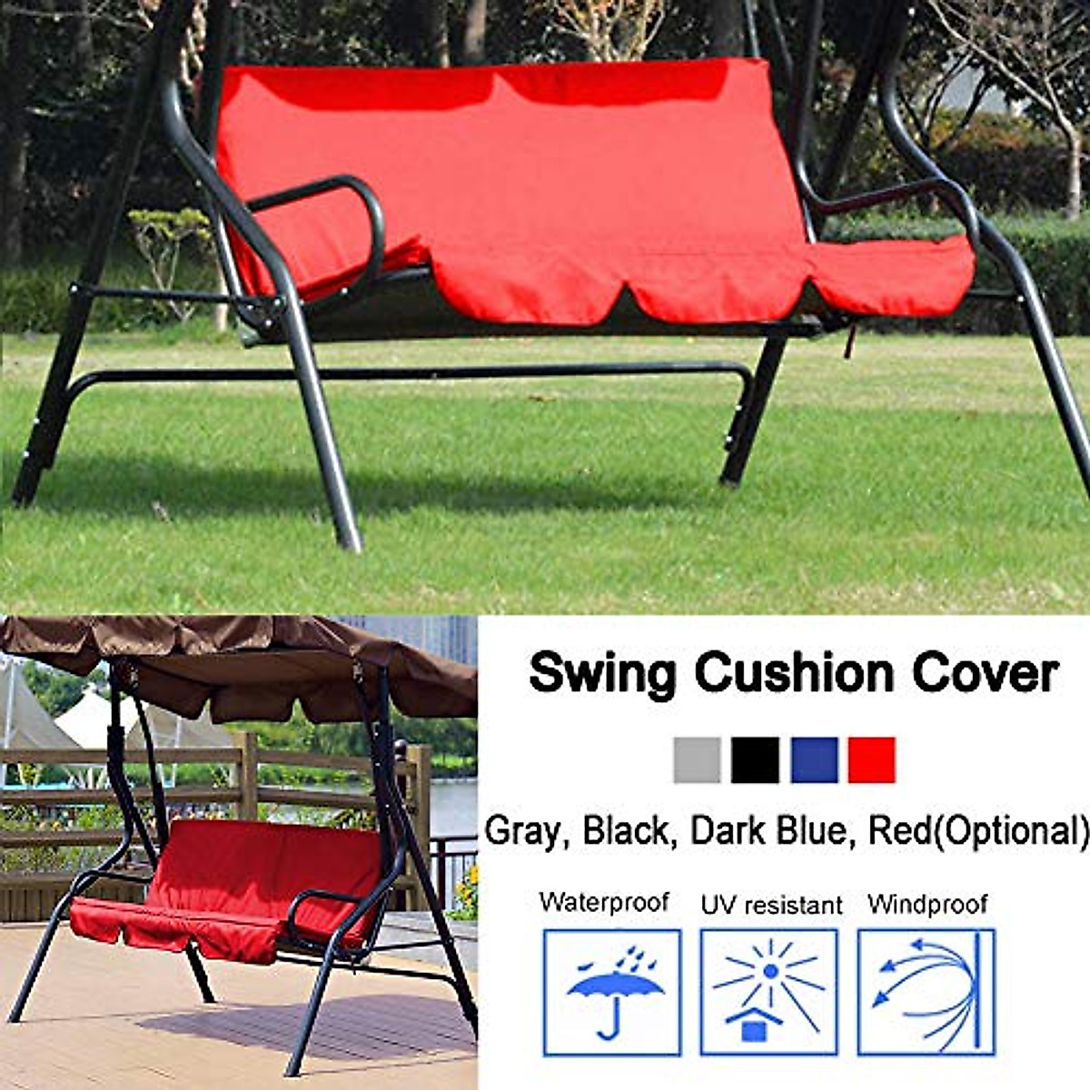 Omabeta Swing Cushion Outdoor Swing 3鈥慡eat Chair Waterproof Cushion Replacement for Patio Garden Yard Swing Chair Protection Cover(red)