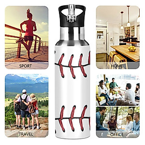 Kcldeci Baseball Pattern Sports Water Bottle 20 Oz Straw Lid Leak Proof Vacuum Insulated Stainless Steel Water Bottles Hot Cold Double Walled Thermo Mug Tumbler Travel Cup