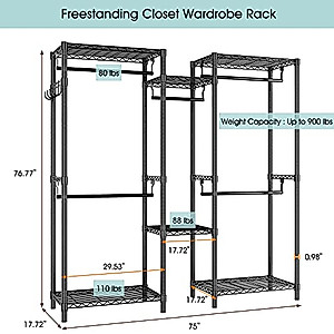 IDEALHOUSE Garment Rack, Heavy Duty Clothes Rack for Hanging Clothes Capacity 900 LBS, Bedroom Clothing Rack Freestanding Metal Closet Wardrobe Rack with Shelves (1''D)