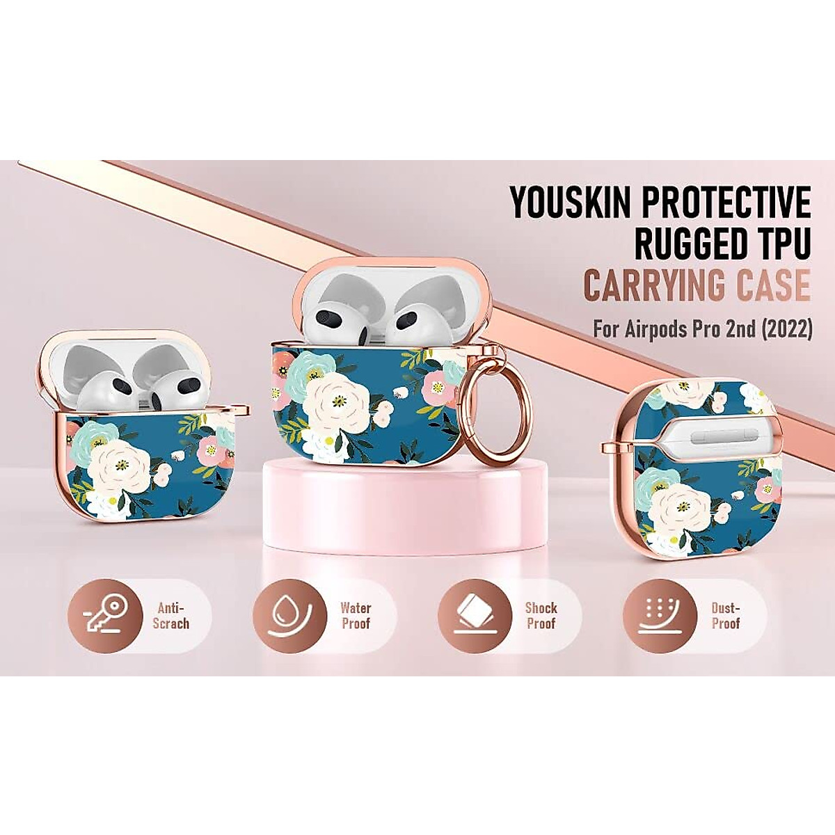 Youskin Airpod Pro 2 Case 2022 Flower Cute, AirPod Pro 2nd Generation Case, Rose Golden Plating Airpods Pro Case with Keychain，Shockproof Protective Case for AirPod Pro 2 2022，Blue Red Flower