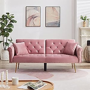 ERYE Futon Sofa Loveseat Convertible Sleeper Couch Bed for Small Space Apartment Office Living Room Furniture Sets Sofabed, Pink Velvet with 2 Pillows 5 Legs Nailhead Decor