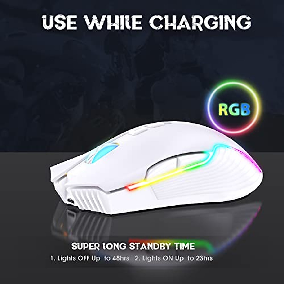 PHNIXGAM Rechargeable Wireless Gaming Mouse, Ergonomic RGB Computer Mouse with 2.4G Receiver, RGB Backlight, Adjustable DPI Up to 3600, 7 Buttons (Not Programmable) for Windows Vista Linux (White)