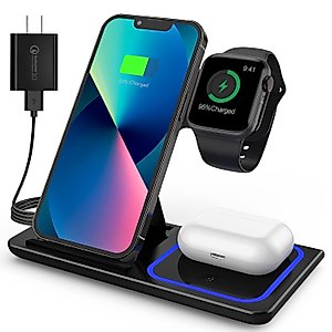 SWAGITLOUD 3 in 1 Fast Wireless Charging Station Dock, Compatible with iPhone 13/12/11/Pro/XS/XR/X/SE/8/8 Plus, Apple Watch Series 6/5/4/3/2/AirPods, USB-C, Qi Certified, 65W