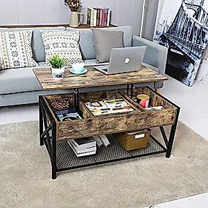 Coffee Table, Lift Top Coffee Table with Storage Shelf and 2 Hidden Compartment + 1 Drawer, Retro Central Table with Wooden Lift Tabletop for Living Room Home Office,Rectangle(Brown)