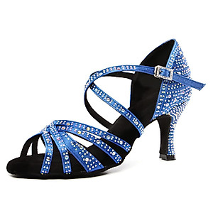 SWDZM Women's Rhinestone Dance Shoes Ballroom Latin Salsa Performance Practice Dancing Shoes,L377,Blue,Heel 3'',US 6.5