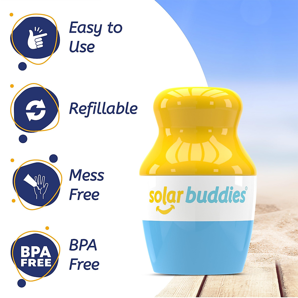Solar Buddies Sunscreen Applicator - Blue Pack of 3 - BPA-Free Refillable Roll on Sponge Sunscreen, Suncream & Lotion Applicator For Kids, Adults & Families - Holds 3.4fl oz, Perfect Size for Travel