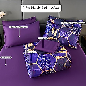 ANGIYUIN 7Pcs Bed-in-A-Bag Purple Gold Marble King Comforter Set with Sheets, 3D Geometric Hexagon Theme Decor Yellow Leaf Bedding Set, Modern Foil Print Duvet Insert for All Season (Purple King)
